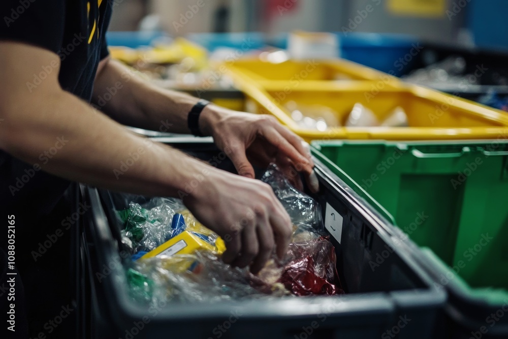 Hands sorting recyclables into labeled bins during a community ...