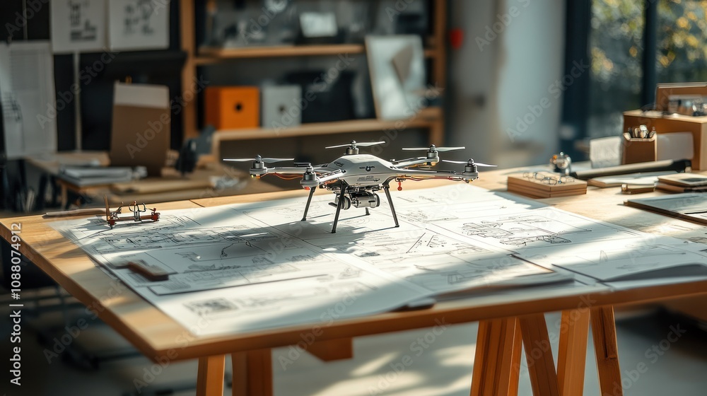 Architectural office table featuring a drone delivery model and ...