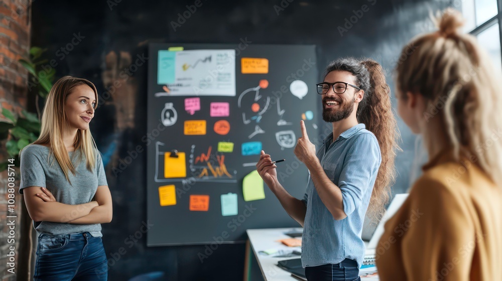 Strategic marketing plan displayed on office wall with vibrant symbols ...