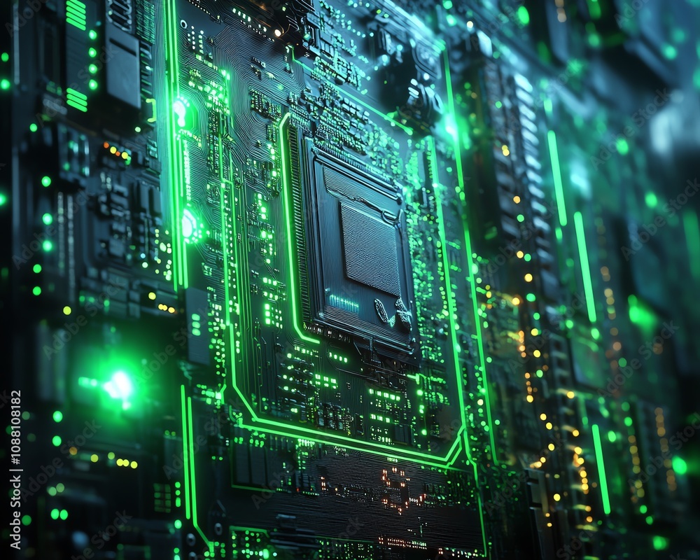 Dynamic 3D motherboard design with neon blue and green lighting ...