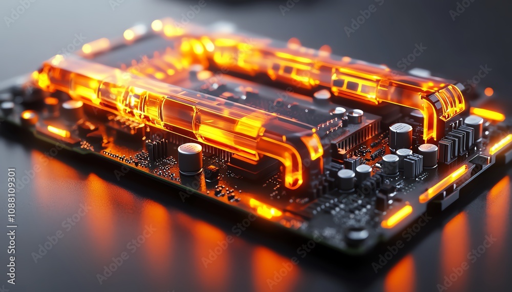 Realistic 3D model of a futuristic motherboard with glowing pathways ...