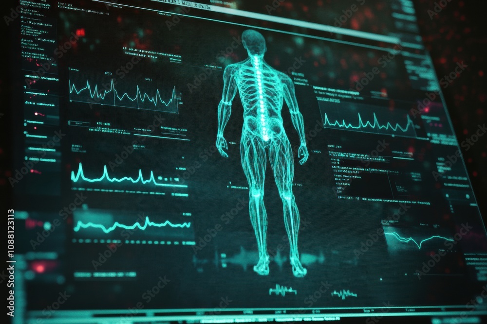 A digital interface shows a patient's medical history, DNA analysis ...