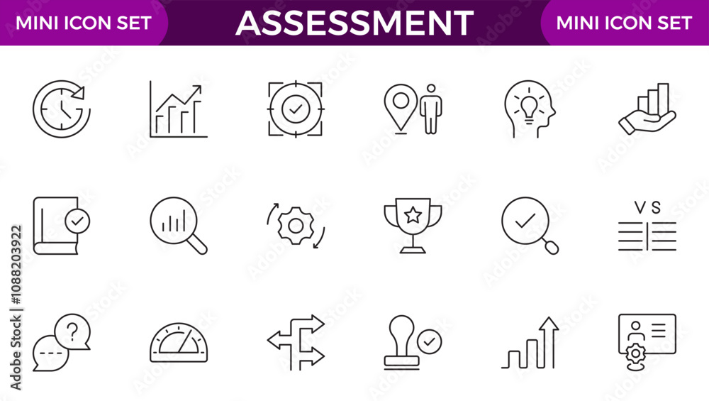 Assessment icons set. Stroke thin line vector illustration with goals ...