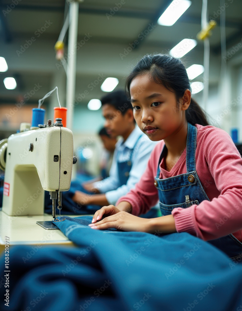 woman teenager men workers textile factory in a sweat shop in Indonesia ...