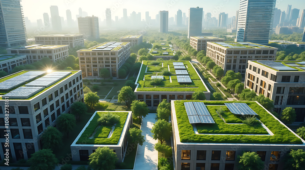 A sustainable business district with eco-friendly buildings, solar ...
