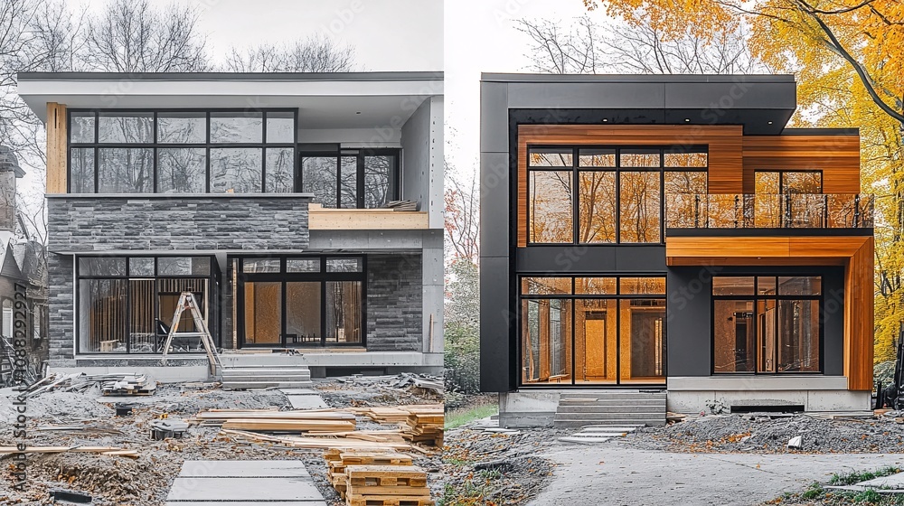 House renovation, exterior construction transformation from old to new ...