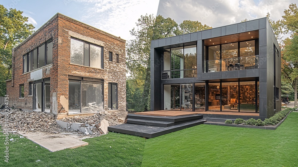 House renovation, exterior construction transformation from old to new ...