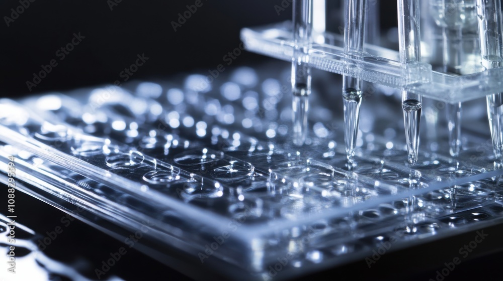 An extreme close-up of a microfluidic device manipulating tiny volumes ...