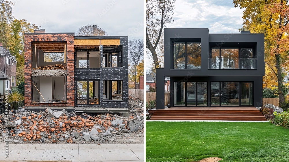 House renovation, exterior construction transformation from old to new ...