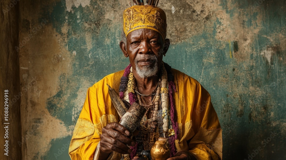 Wise Haitian Vodou Elder in Traditional Attire with Ceremonial Items ...