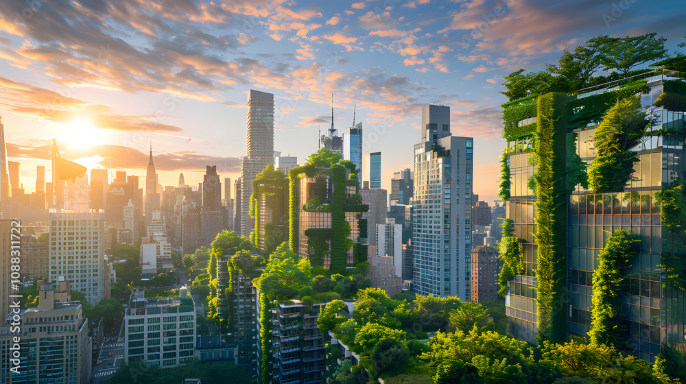 City skyline portraying the future of eco-friendly construction, with ...