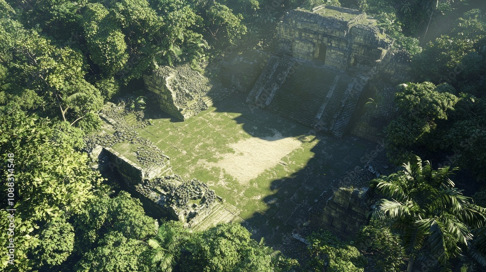 Mystical Mayan Ball Court: Aerial View of Ancient Stone Walls in Jungle ...