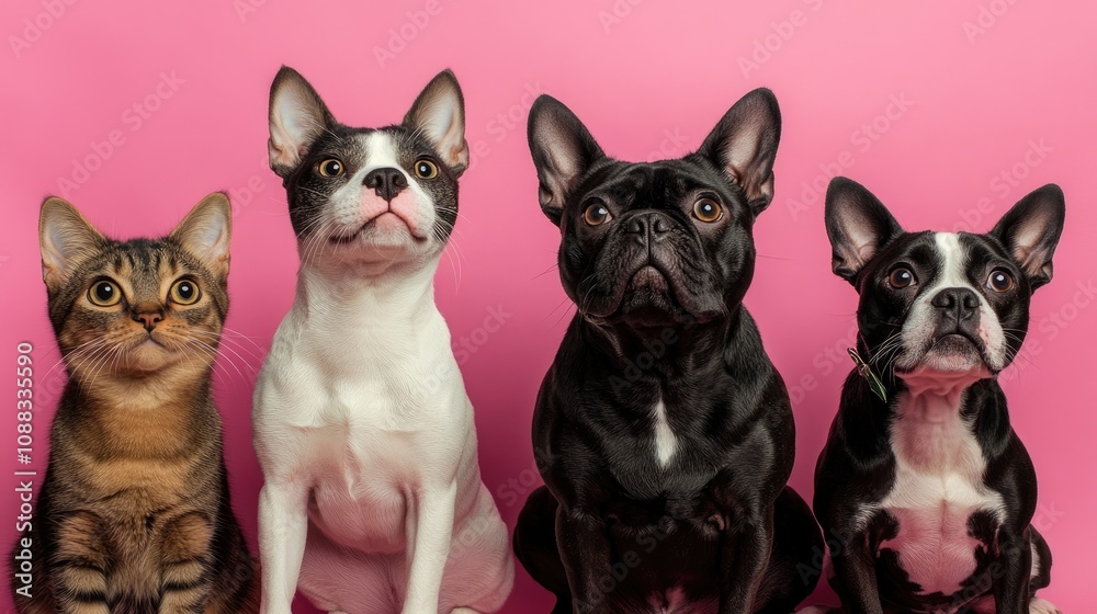 Five pets, including two cats and three dogs, sit closely together ...