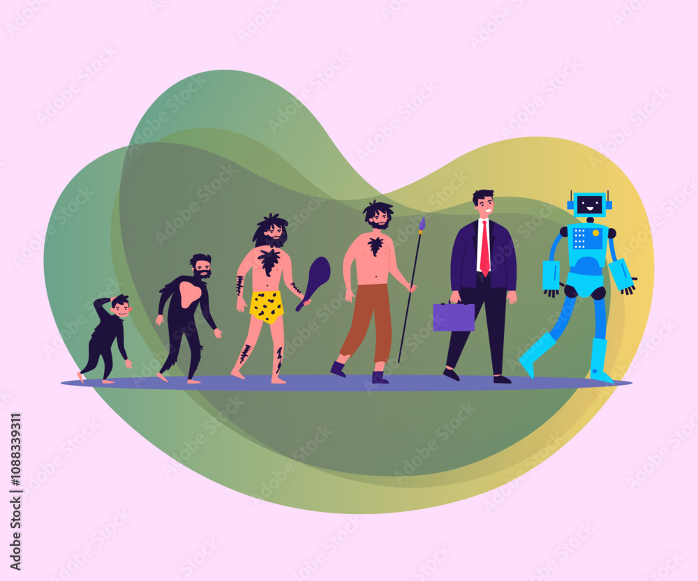 Human evolution theory flat vector illustration. Way from monkey to ...