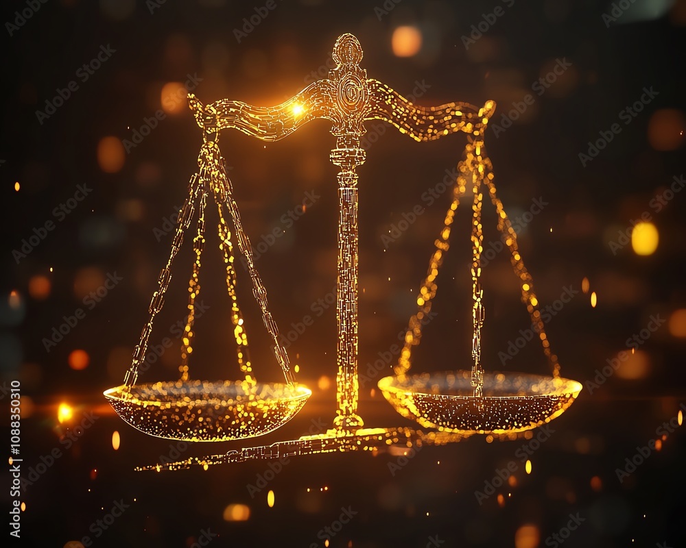 A glowing balance scale with golden accents, suspended in a digital ...