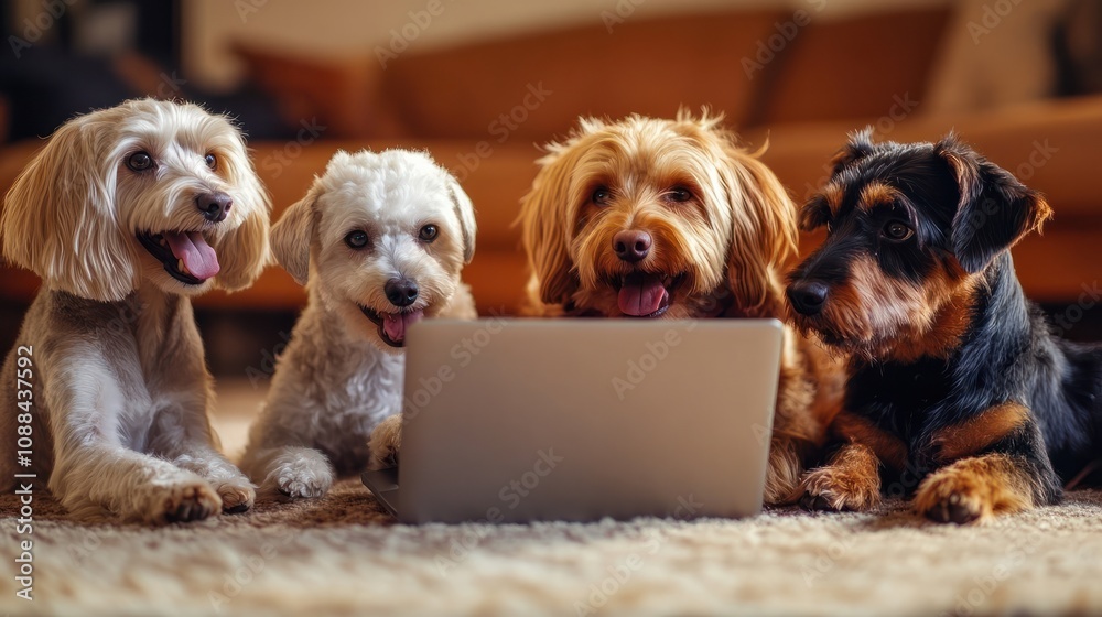 Dog talking to dog friends in video conference. Group of dogs having an ...