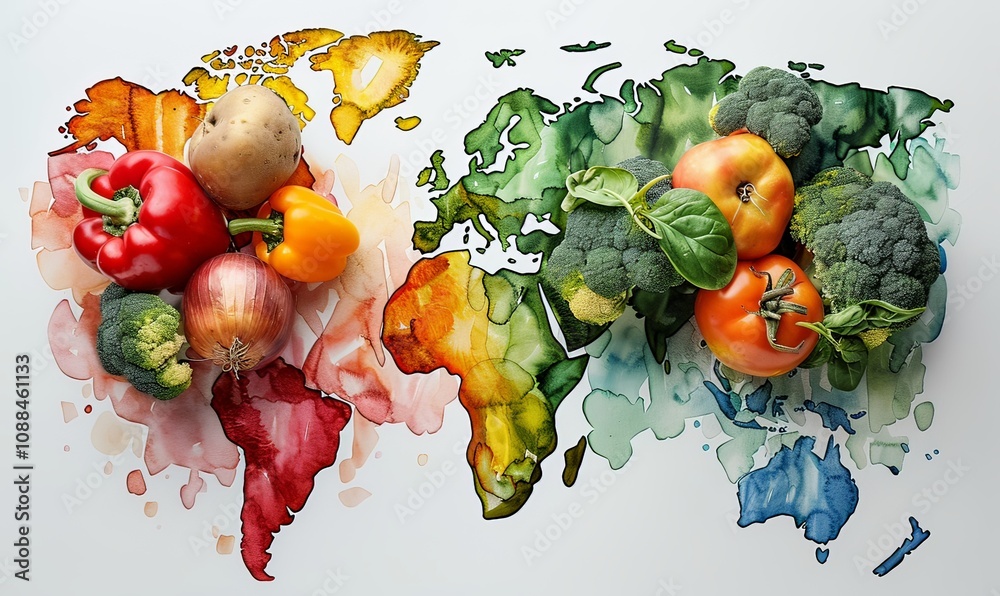 A creative world map is crafted from vibrant vegetables, featuring ...