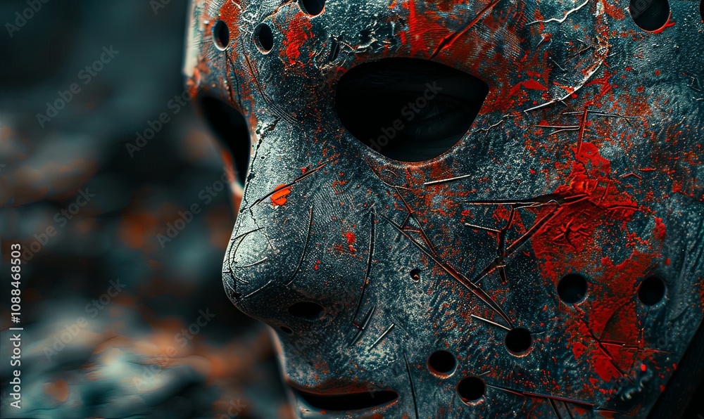 Cracked and aged with a sinister air, this chilling hockey mask ...