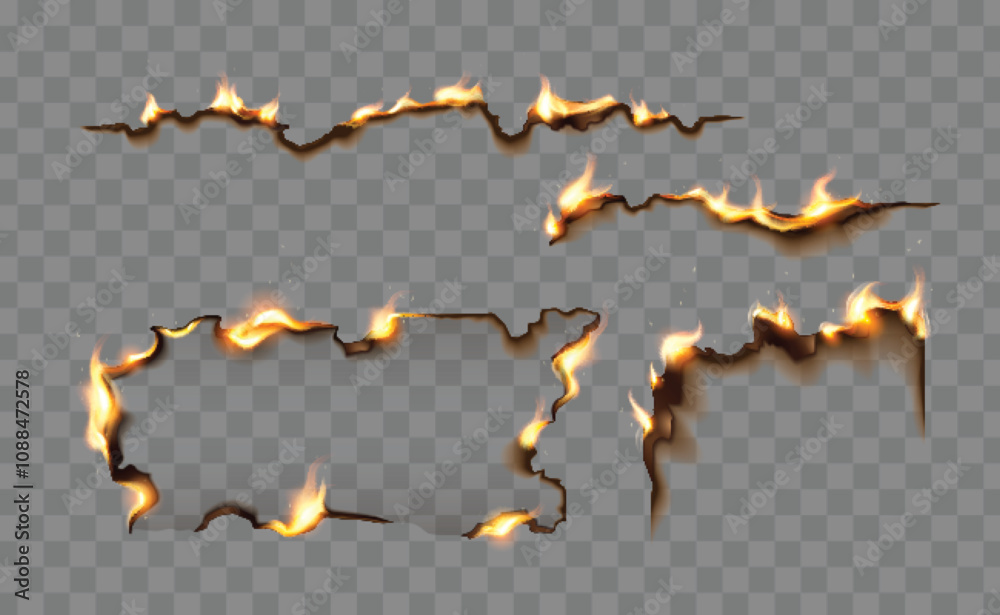 Burning paper edge frames set isolated on transparent background ...