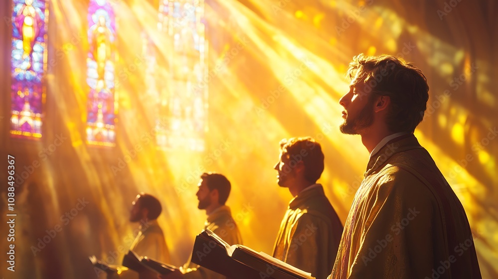 The choir in a moment of quiet devotion, eyes closed, faces serene, the ...