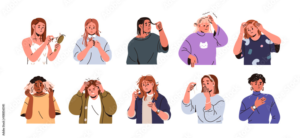 Hair problems set. Balding, loss and alopecia, dandruff, dry and greasy ...