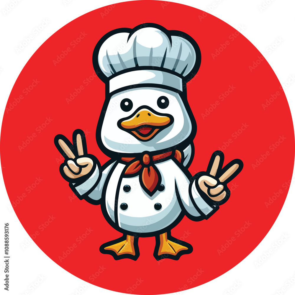 The Peking duck mascot is wearing chef outfit with v shape hand pose in ...