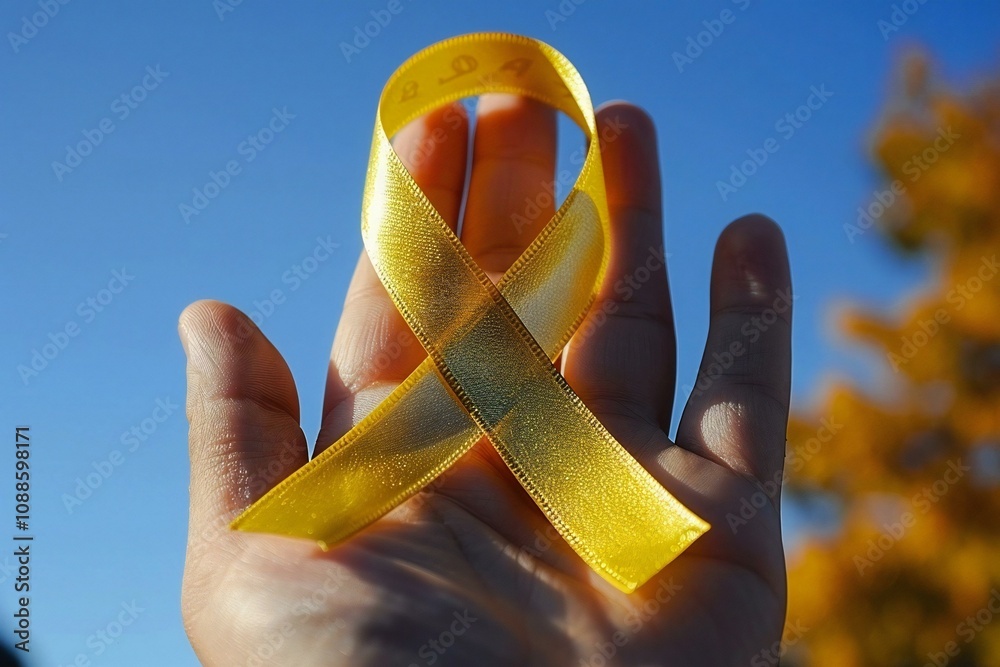 Hope and strength represented by a hand holding a yellow gold ribbon ...