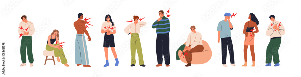 Physical pain set. People suffering from head, back, heart and chest ...