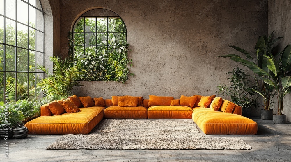 Cozy orange sectional sofa in a modern living space surrounded by lush ...