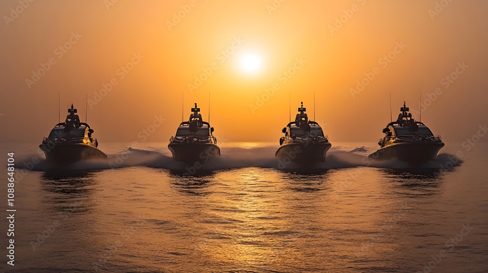 Naval patrol boats cruising through the open sea, maintaining security ...
