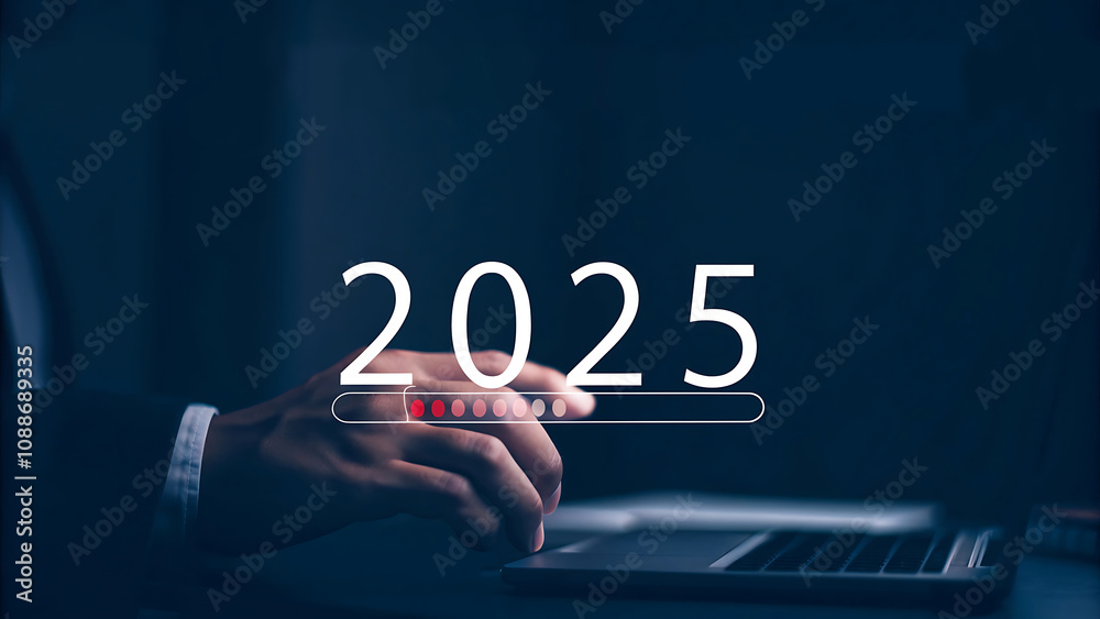 Man hand touching loading bar for countdown to 2025. In progress ...