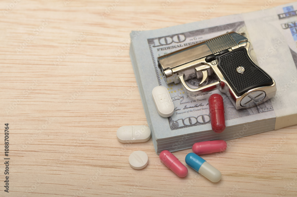Crime Concept: Money Banknotes, Gun, and Drugs Representing Illegal ...