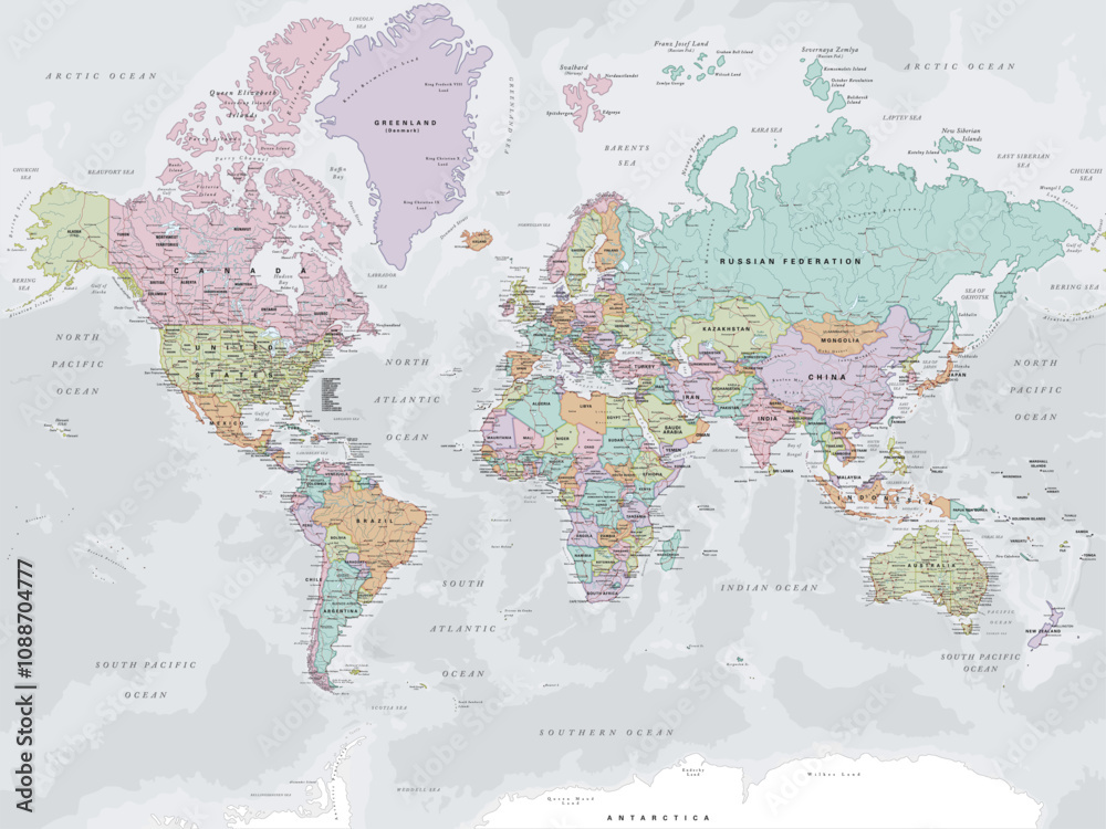 Political map of the World in Mercator projection. Highly detailed ...