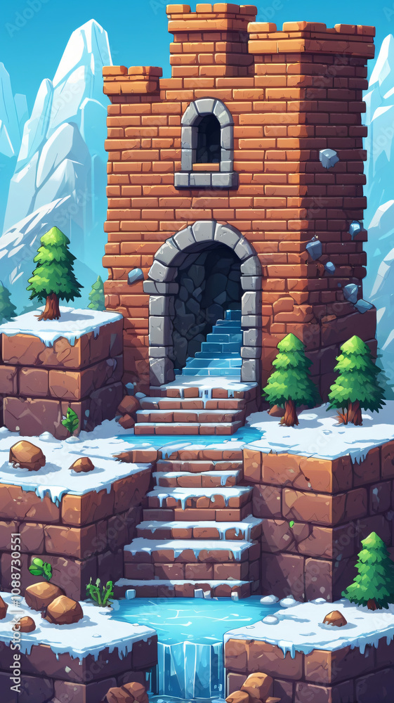 Pixel game level design. Platform game asset, brick, stones building 8 ...