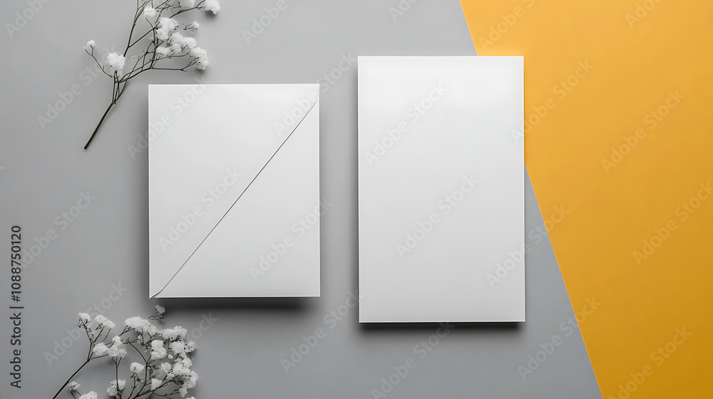 Two paper invitation cards on a gray background with space for ...