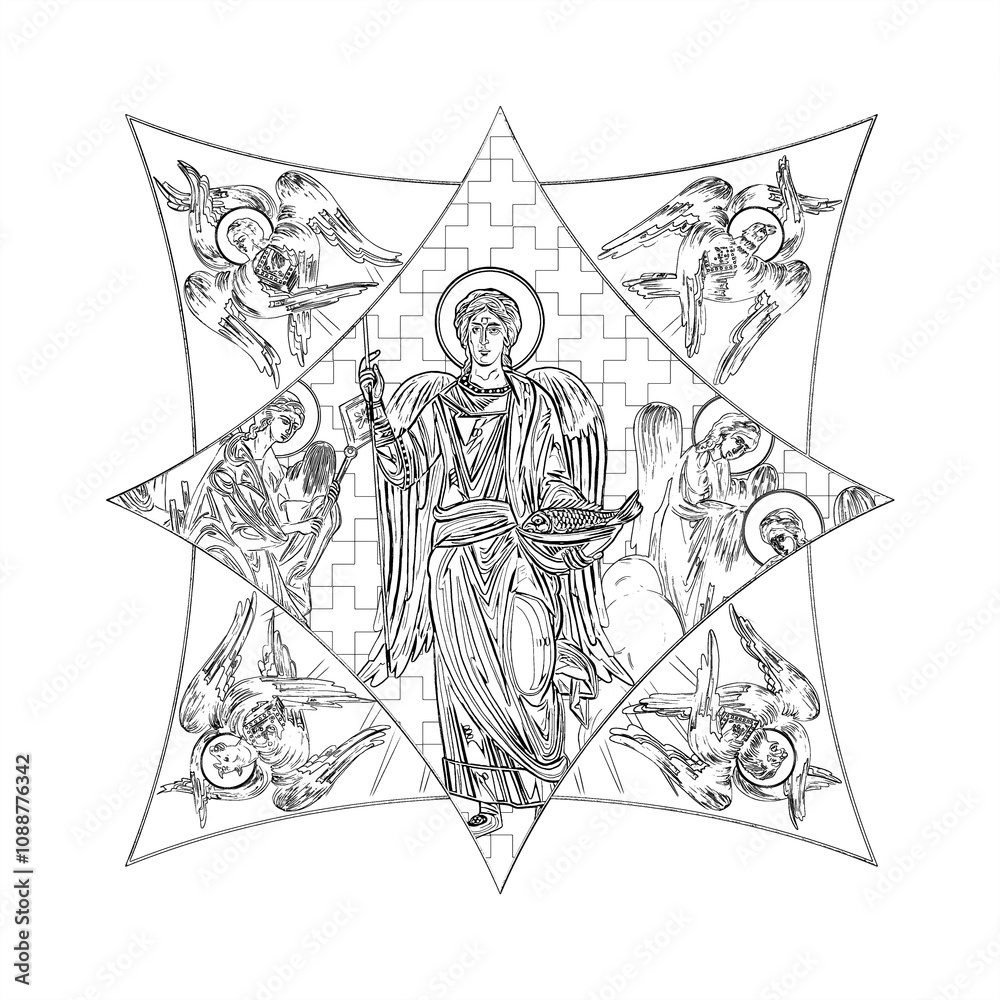 Raphael archangel. Cross dome with 4 apostles, angels and seraphim ...