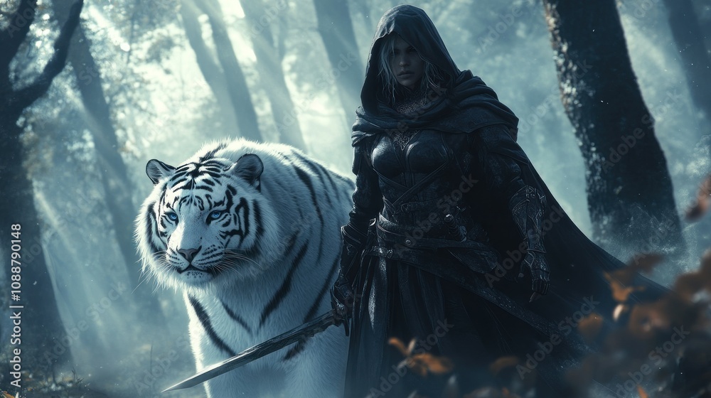 A female knight assassin wearing dark armor and a hooded cloak ...
