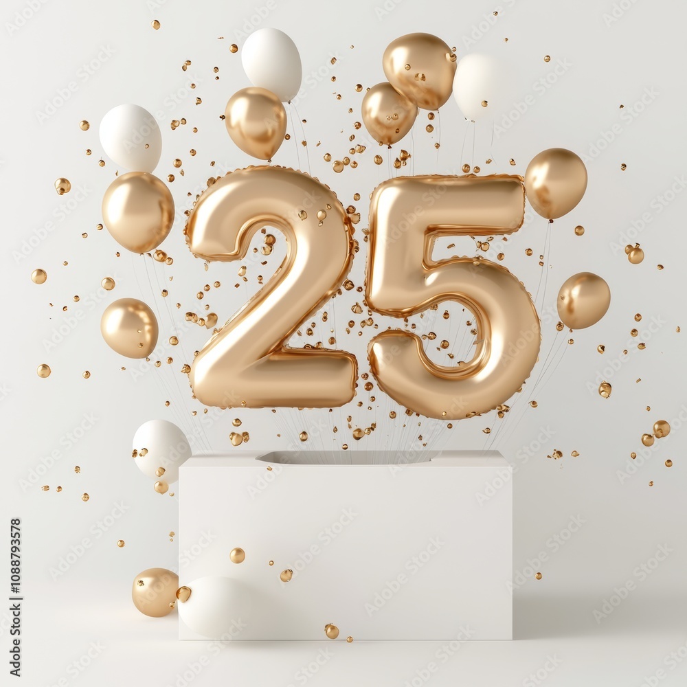 This is a rendering of a gold surprise balloon and box for a happy 25th ...