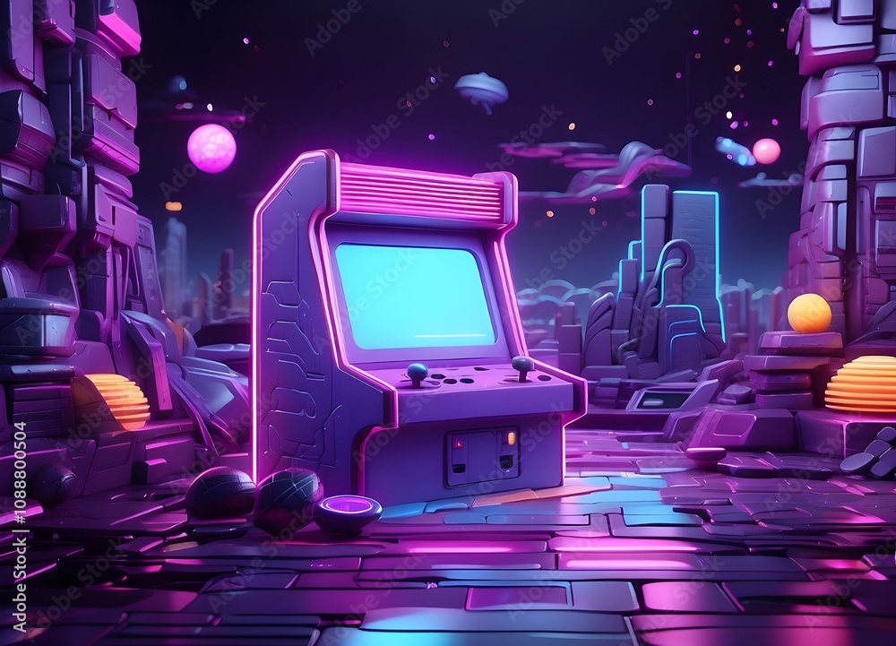 80s video game scene in purple and blue neon colors, three dimensional ...