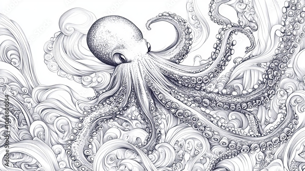 Stylized Zentangle Octopus Sketch for Adult Anti-Stress Coloring Pages ...
