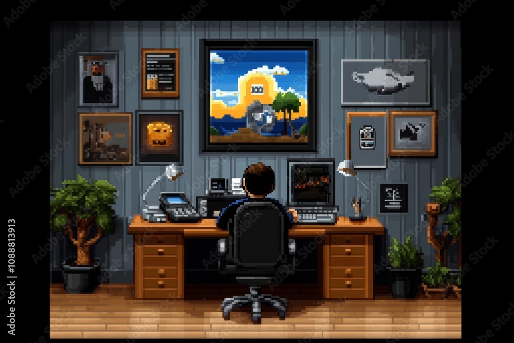 A pixel art scene of an accountant working at a desk with calculator ...