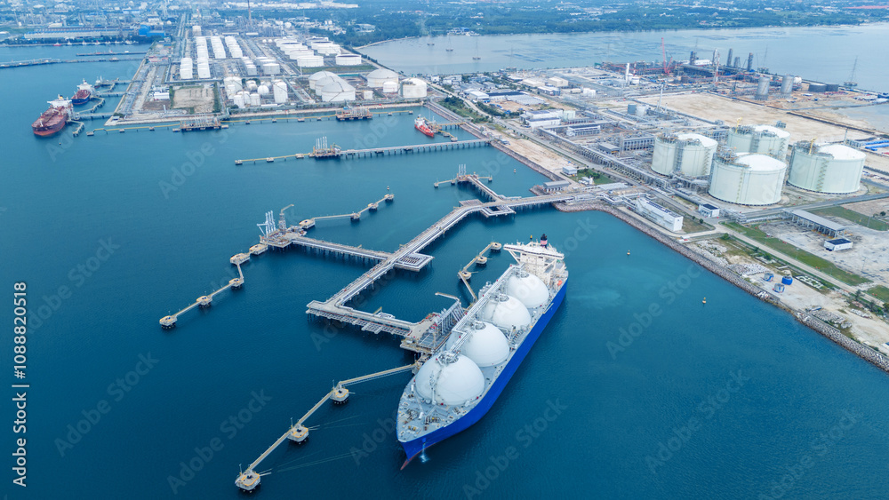 LNG (Liquified Natural Gas) tanker anchored in Gas terminal gas tanks ...