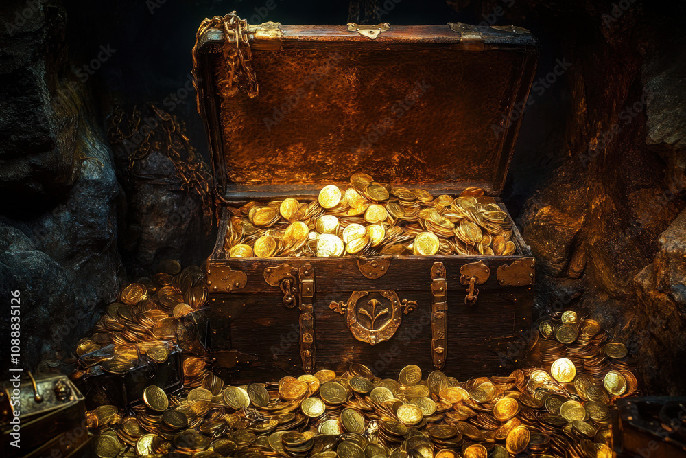 A wooden treasure chest filled with shiny gold coins glimmers in a ...