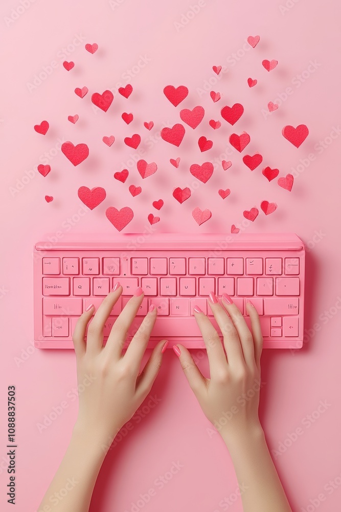 woman's hands are typing on pink keyboard while pink and red hearts are ...