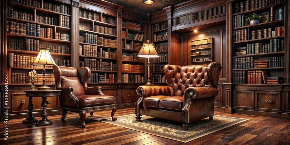 Elegant Dark Wooden Library Interior with Leather Armchair and ...