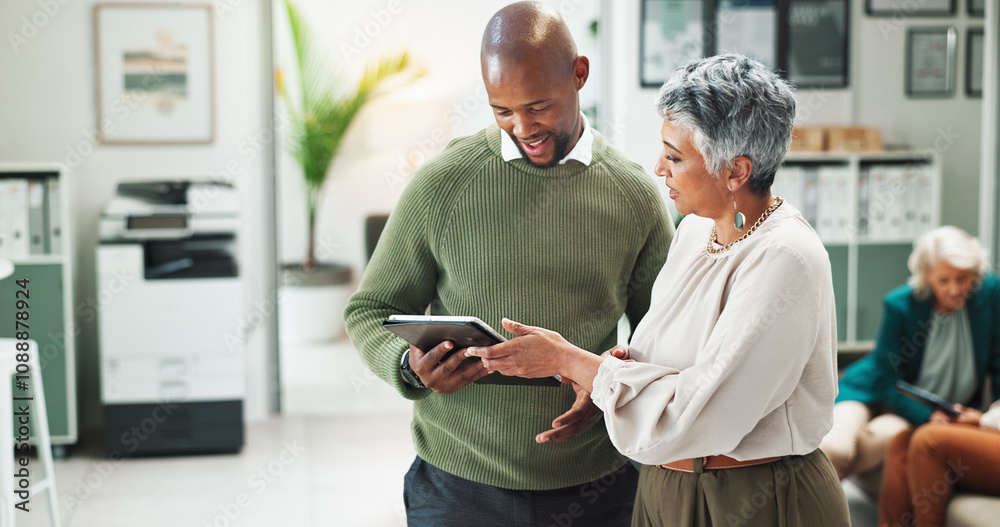 Tablet, team and business people in discussion, training or mentor ...