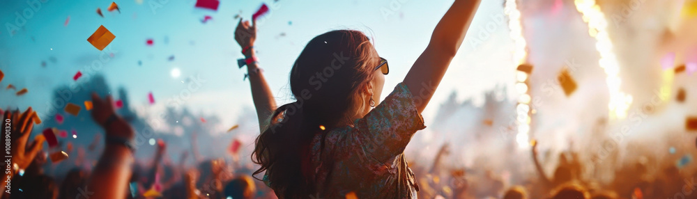 Dancing woman in vibrant music festival crowd, celebrating joyfully ...