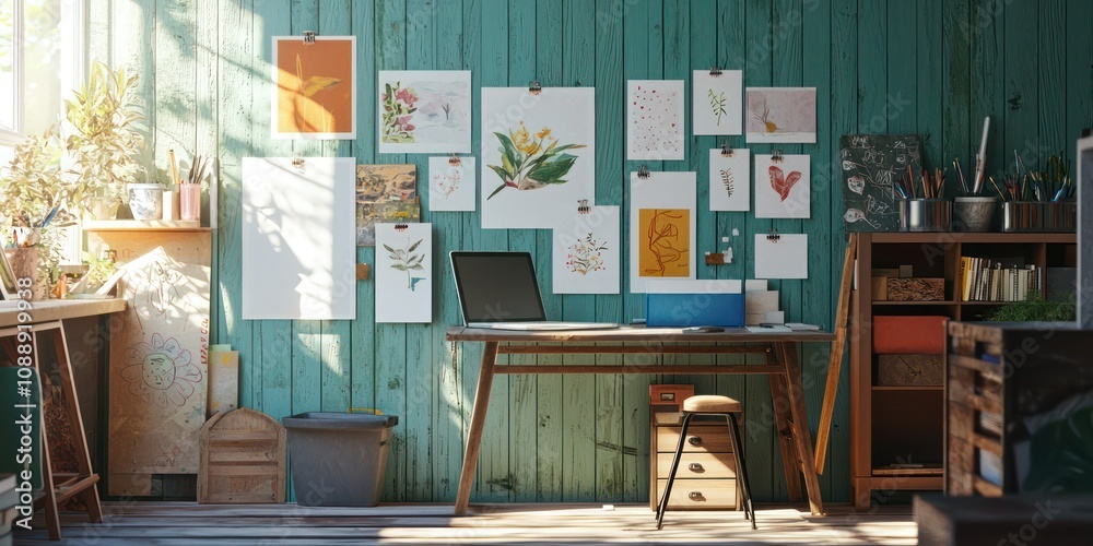 A creative workspace with multiple poster mockups pinned on a bulletin ...