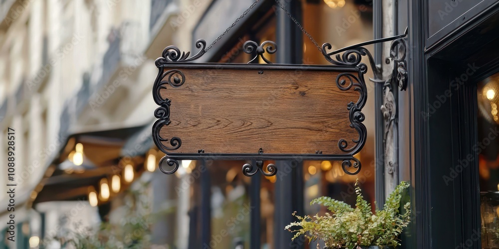 Decorative hanging sign with ornate iron brackets outside a cafe Stock ...