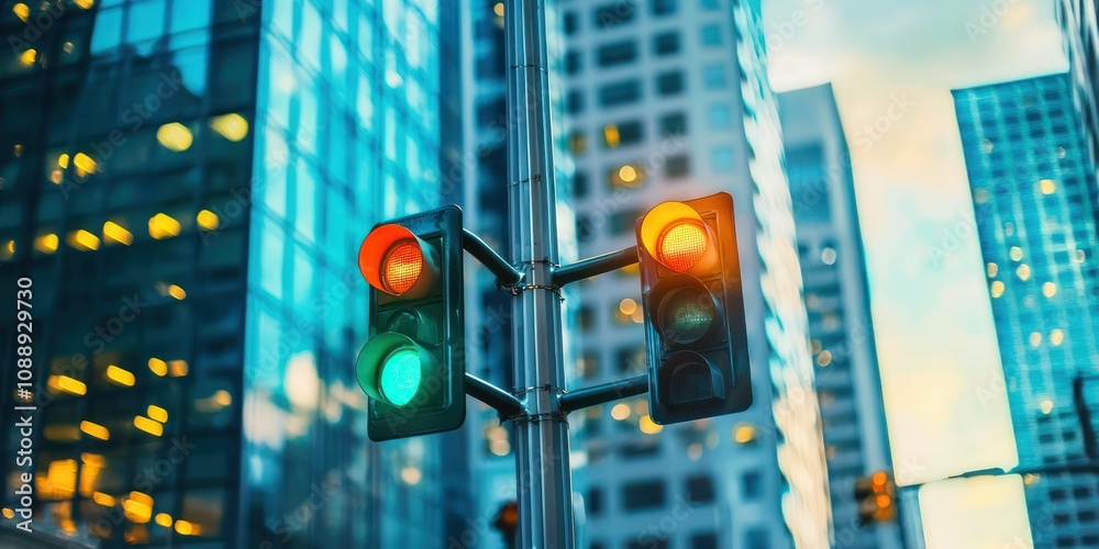 Green street sign with names of famous intersections in a busy city ...